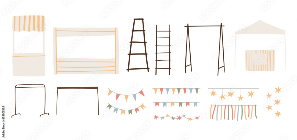Set of summer market illustrations, fair equipment vector clipart ...