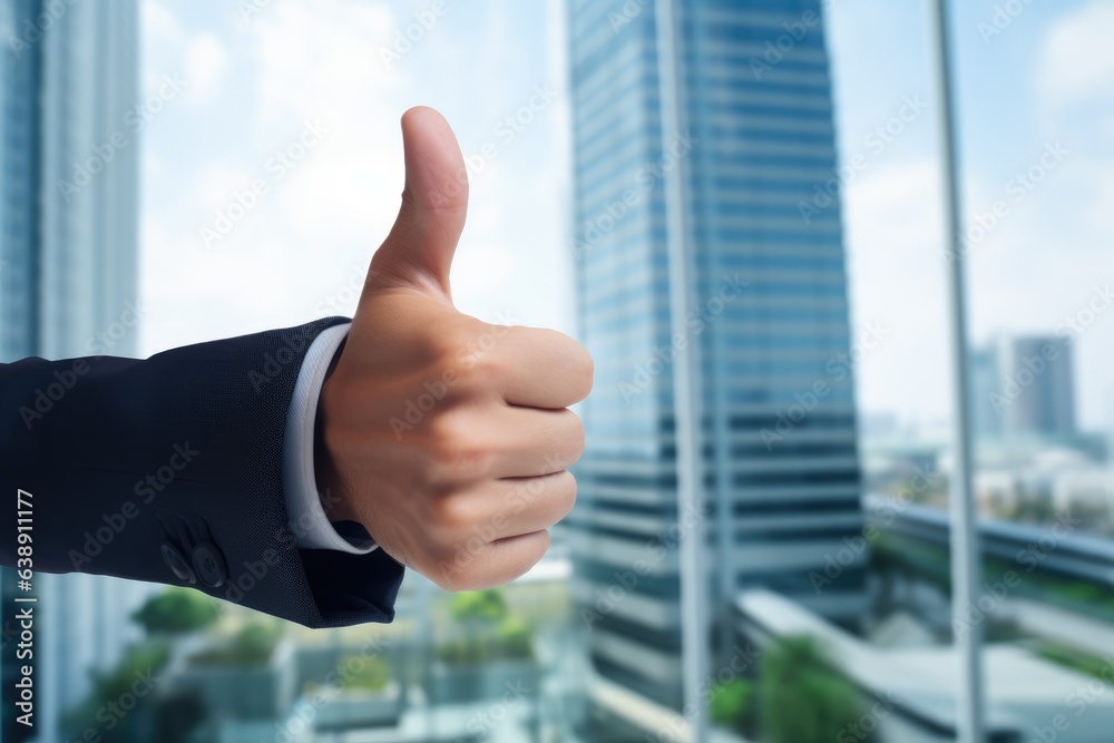Positive approval thumbs up Hand Gesture on blurred office building ...