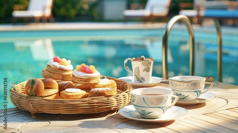 Afternoon tea set on swimming pool at the beach with cake,bakery,pastry ...