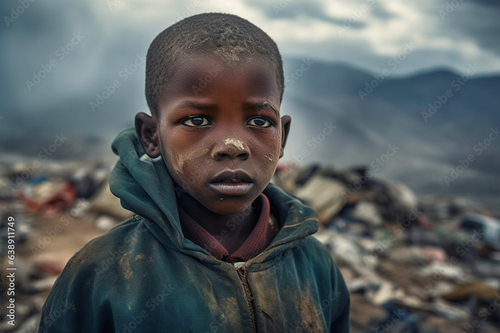 Kid standing in garbage dump surrounded by polluted air. Sad teenager ...