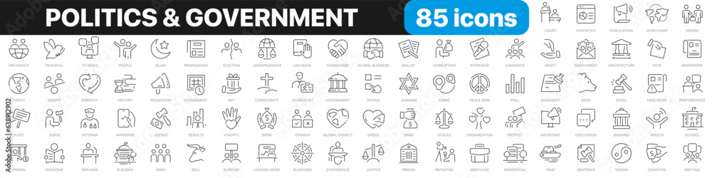 Vetor de Politics and government line icons collection. Voting, power ...