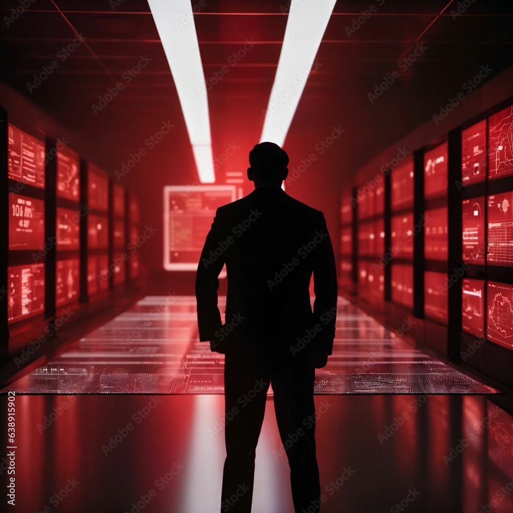 Red alert in data center server room. Cyber security. Data security breach. Hacker attack ...