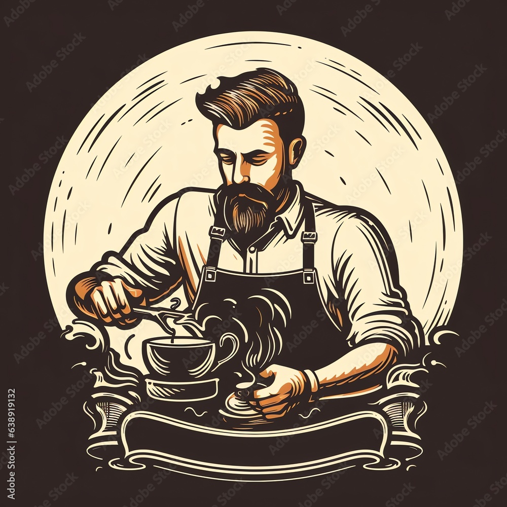 Male barista illustration Coffee shop logo Black and white Generate AI ...