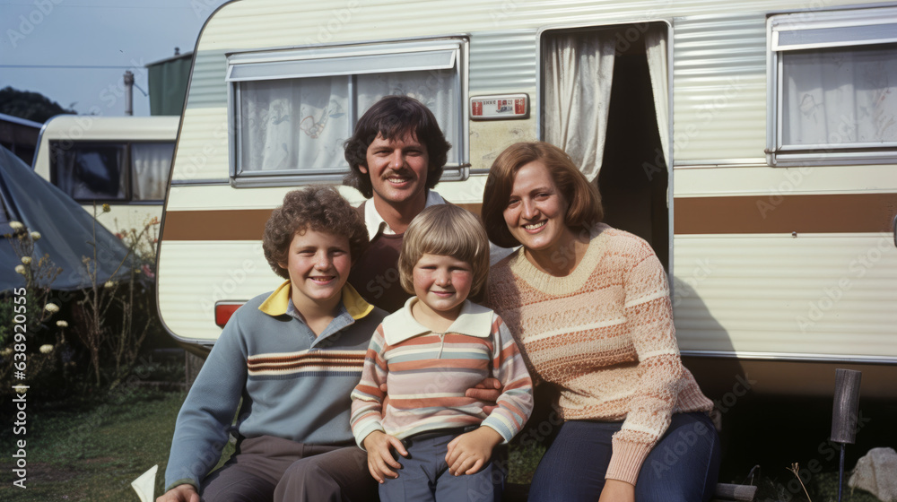 Vintage image of a seventies family sat outside a caravan , 1970s aged ...