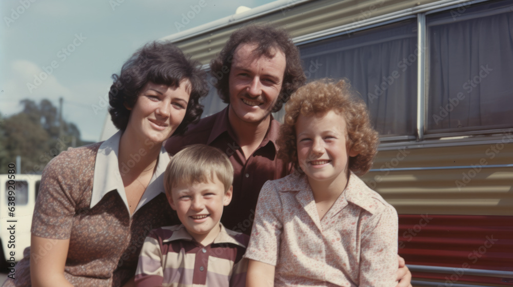 Vintage image of a seventies family sat outside a caravan , 1970s aged ...