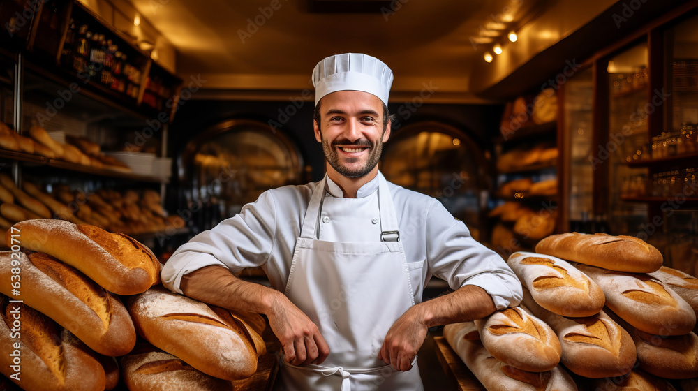 European french baker portrait inside his bakery surrounded by many ...
