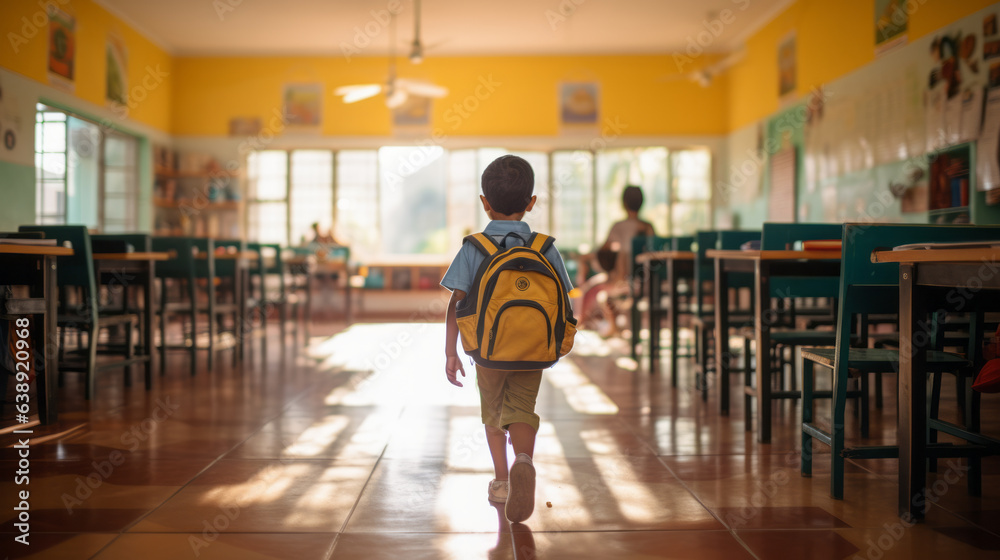 Back view of a boy kid entering the classroom with his backpack , back ...