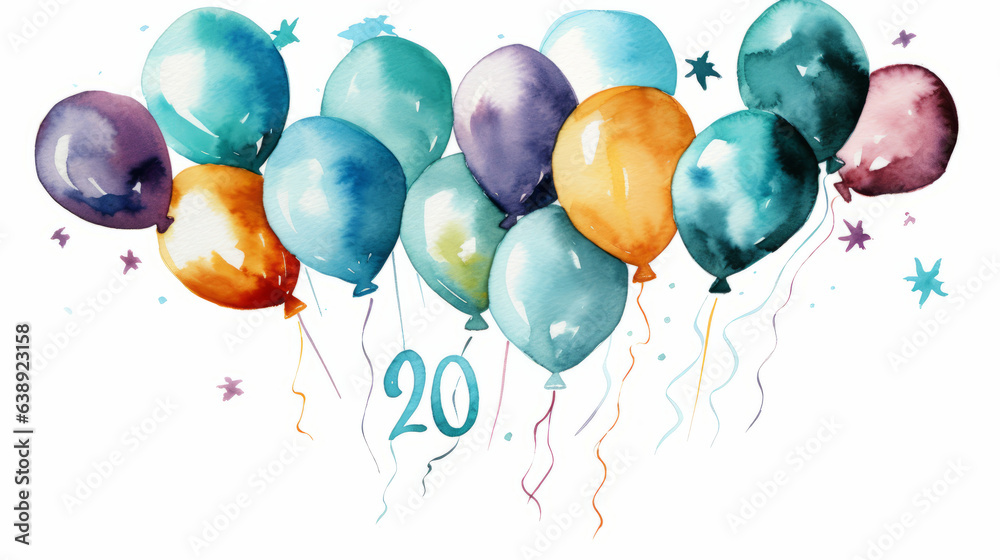 Watercolor 20th birthday clip art with 20 figures and balloons isolated ...