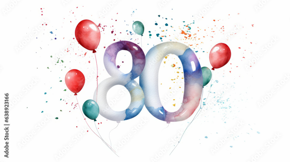 Watercolor 80th birthday clip art with 80 figures and balloons isolated ...