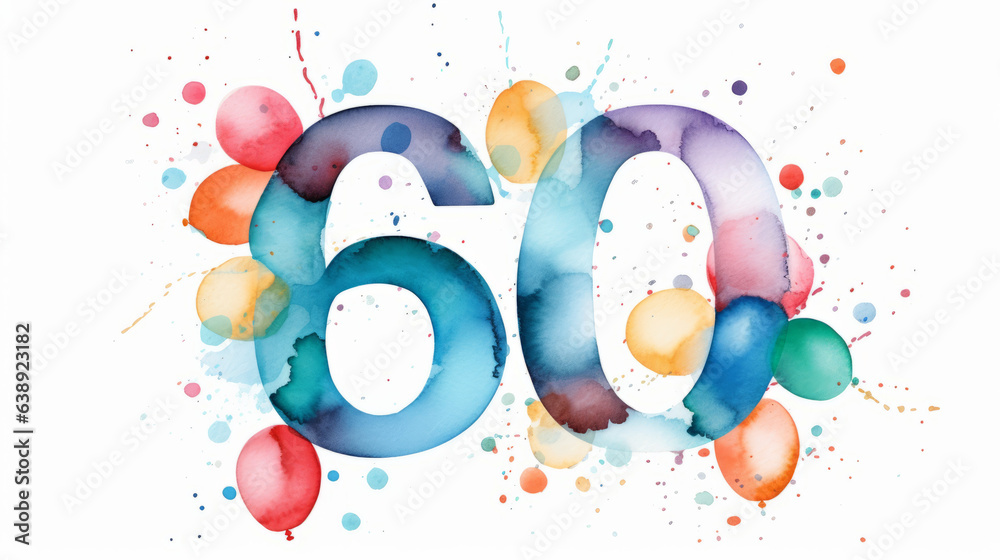 Watercolor 60th birthday clip art with 60 figures and balloons isolated ...