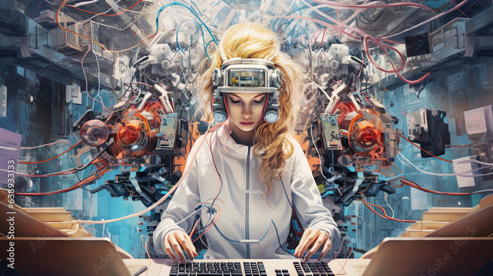 Young female humanoid head is connected to a super computer ...