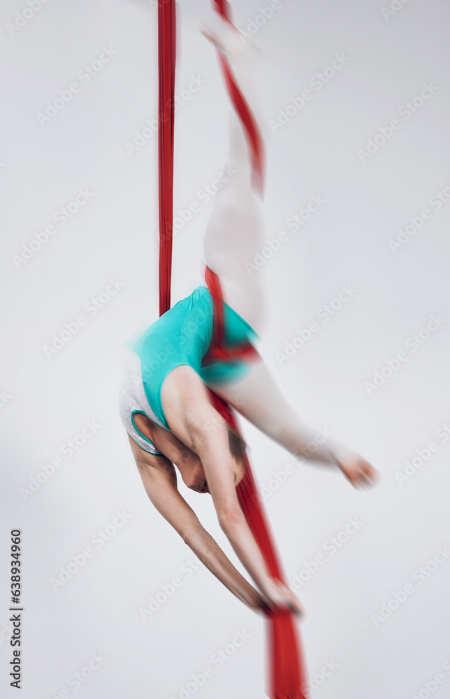 Sport, acrobat and aerial silk with a woman in air for performance ...