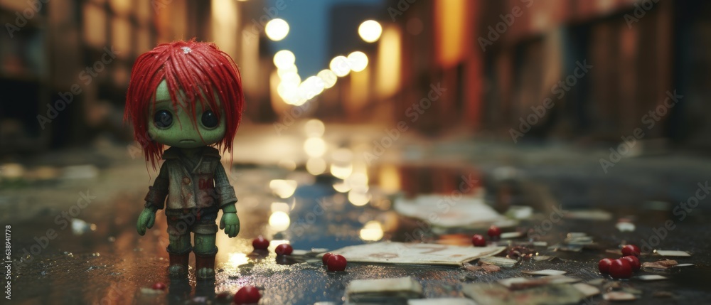 Comically cute creepy zombie doll toy with red hair, weird eyes and ...