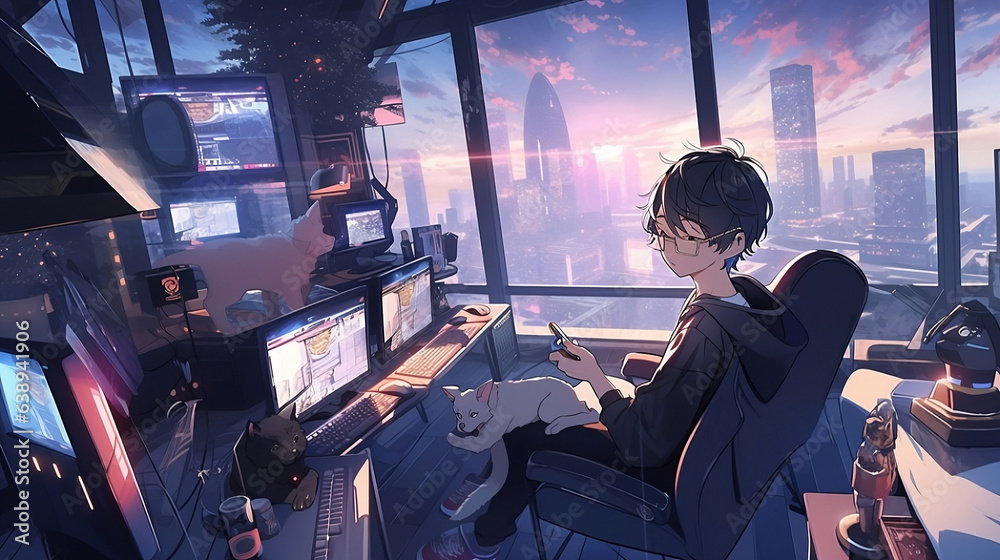 Tech-Fueled Fantasy: Anime Illustration of a Male Teenager Engrossed in ...