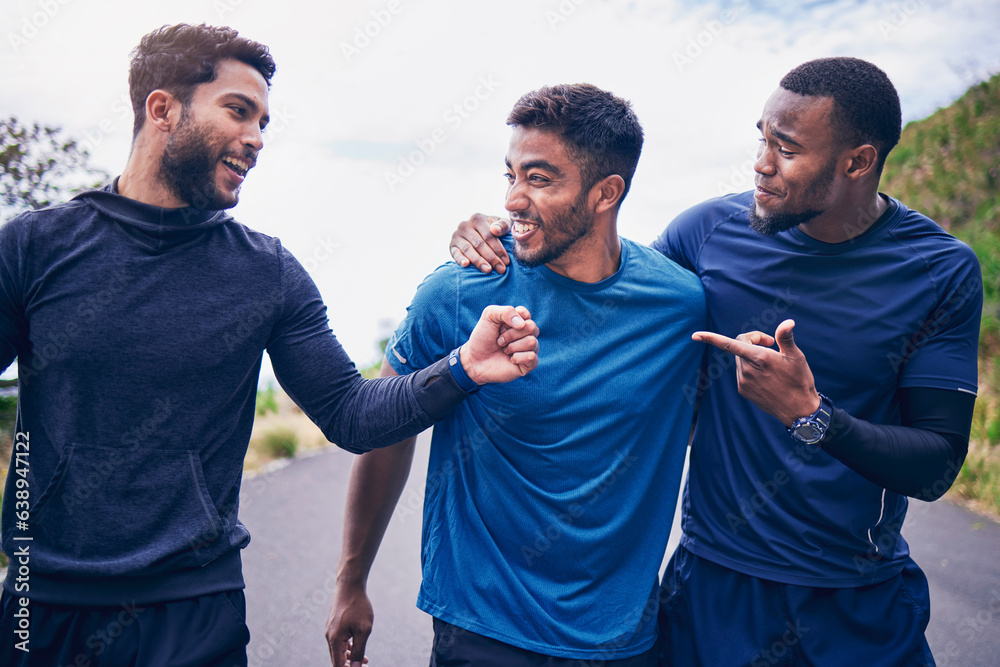 Happy, men and friends with smile for fitness, workout and running ...