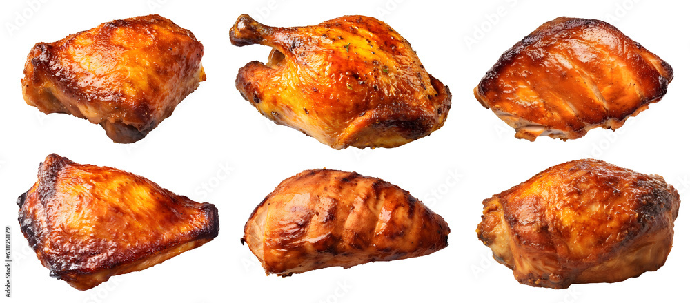 Roasted grilled portion of turkey chicken drumstick thigh breast meat ...