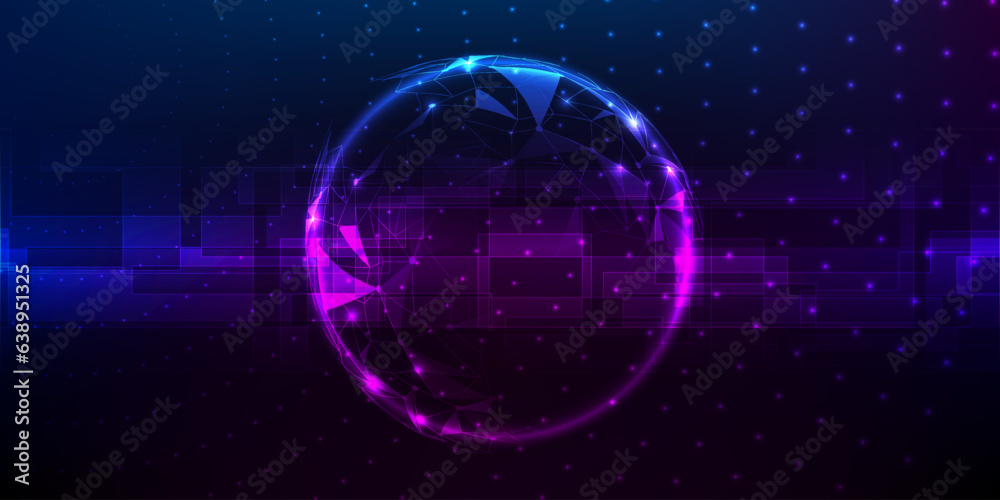 Vector illustrations of neon purple and blue glowing globe on digital ...