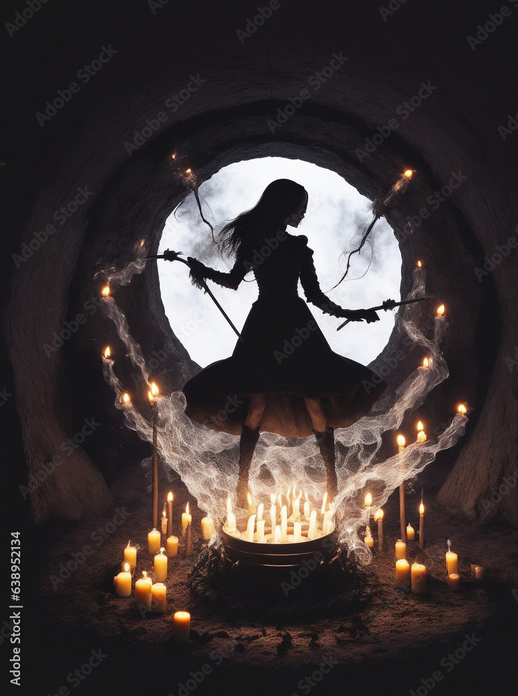 A witch's silhouette, standing in a circle of burning candles, as a ...