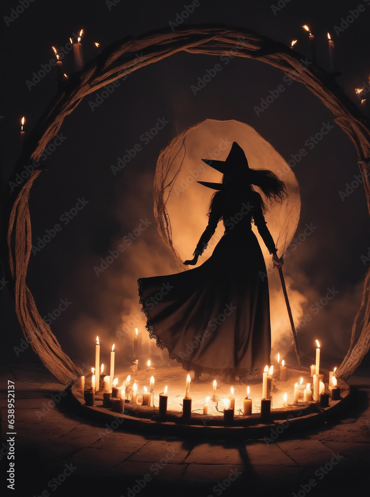 A witch's silhouette, standing in a circle of burning candles, as a ...