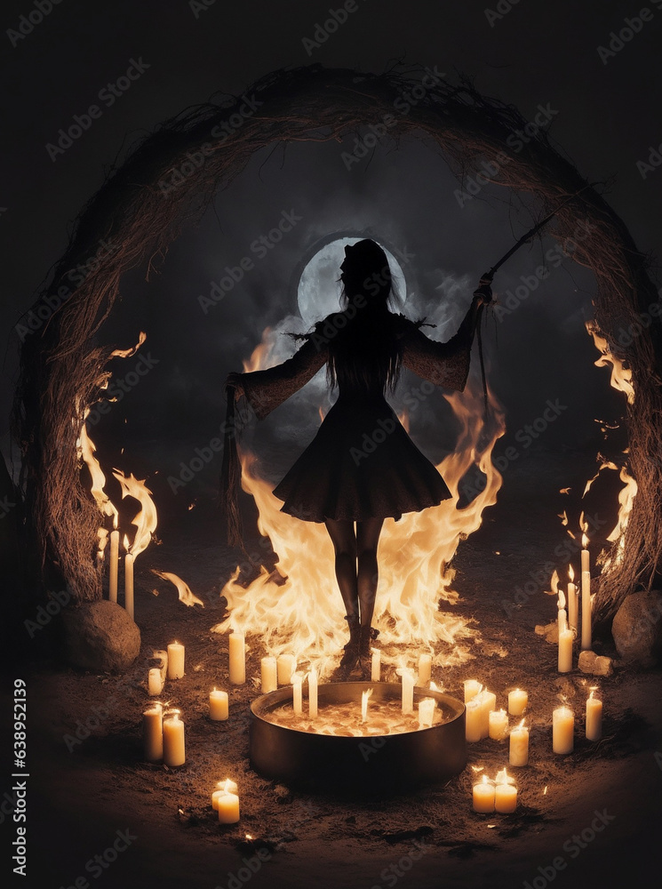 A witch's silhouette, standing in a circle of burning candles, as a ...
