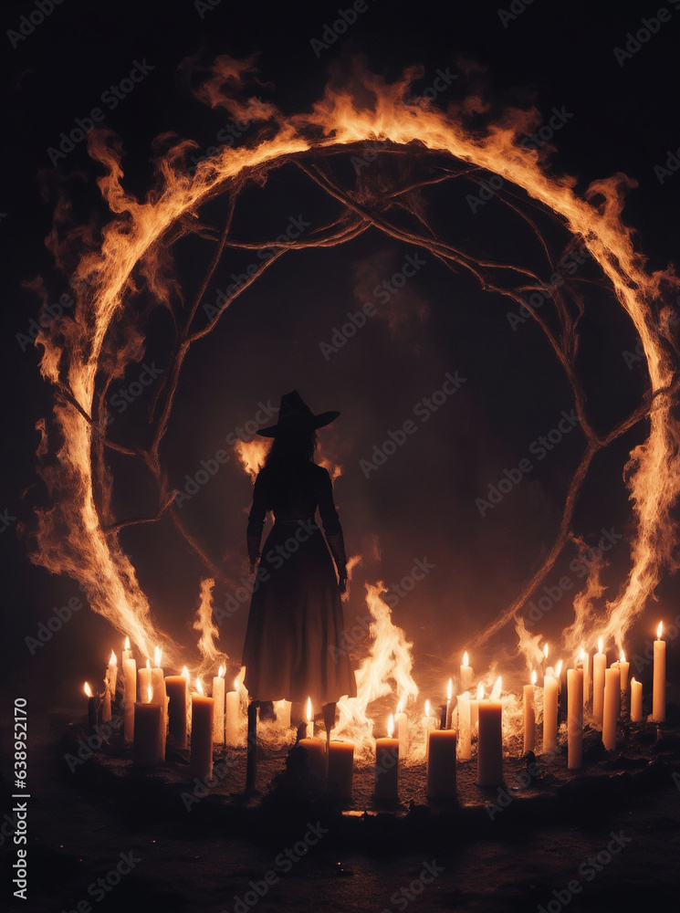 A witch's silhouette, standing in a circle of burning candles, as a ...