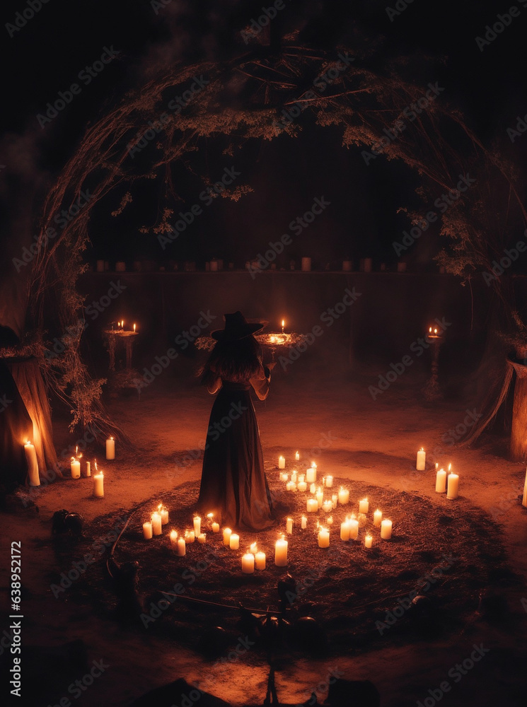 A witch's silhouette, standing in a circle of burning candles, as a ...