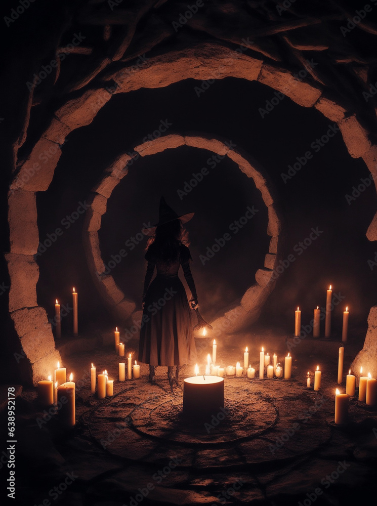 A witch's silhouette, standing in a circle of burning candles, as a ...