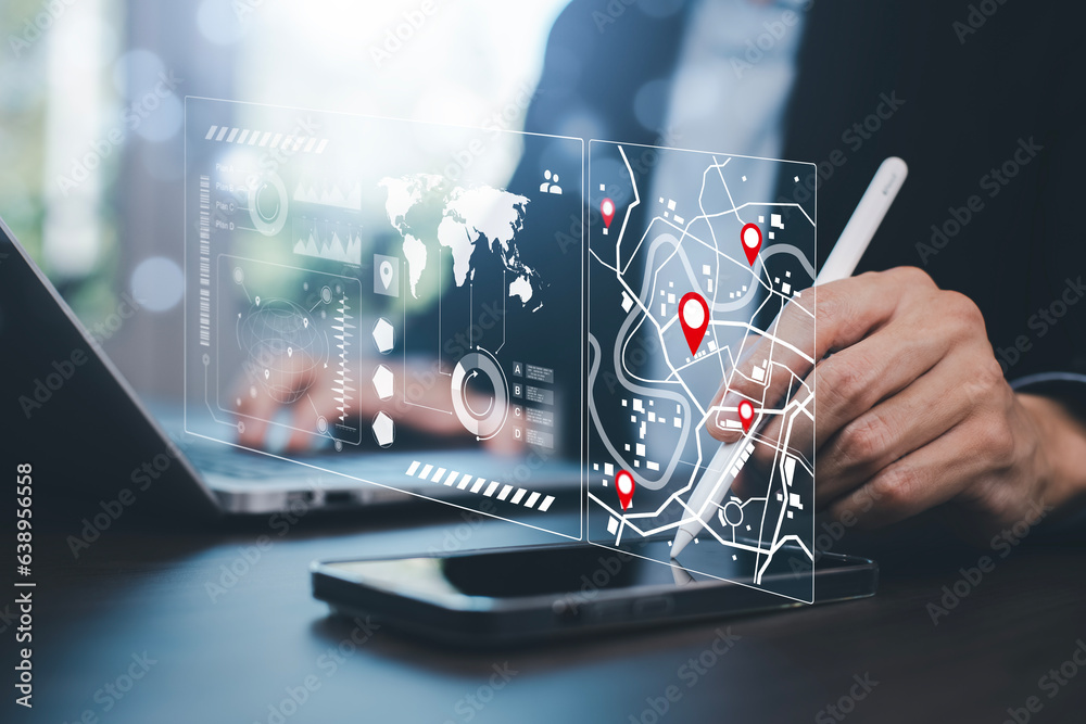 Man using Smartphone with virtual world and model map with location ...