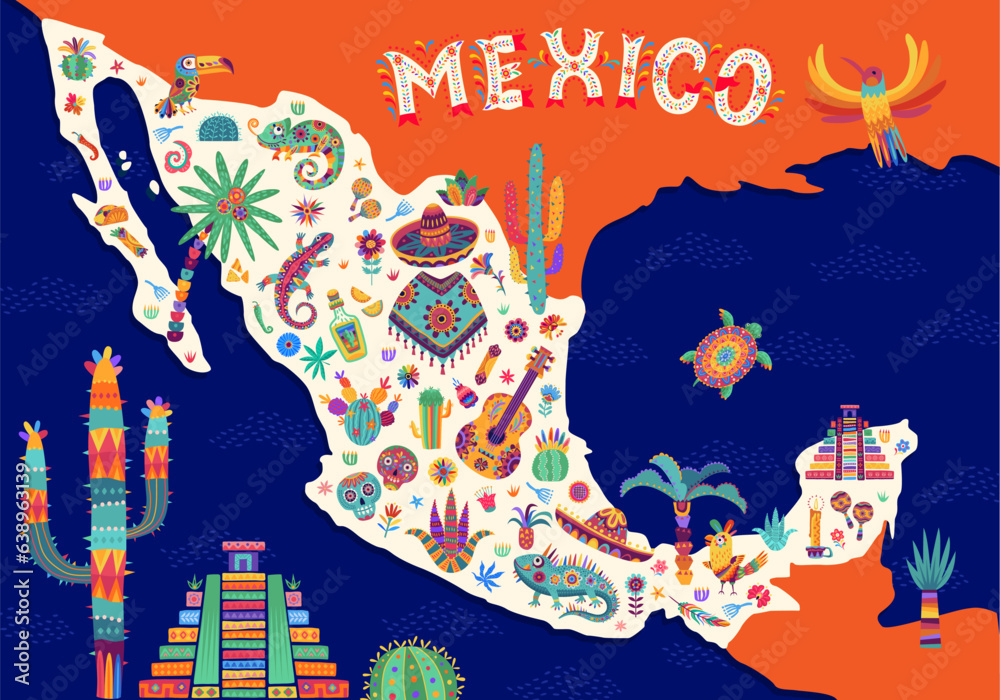 Cartoon Mexican travel map with Mexico landmarks and tourism ...