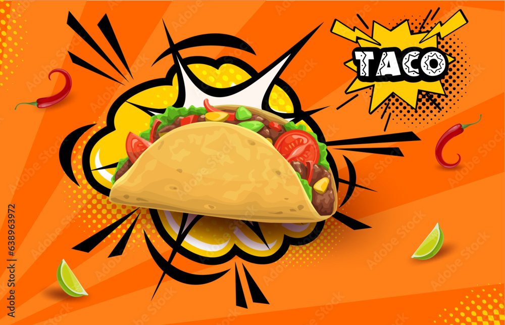 Tex Mex Mexican taco on retro halftone bubbles background, Mexico food ...
