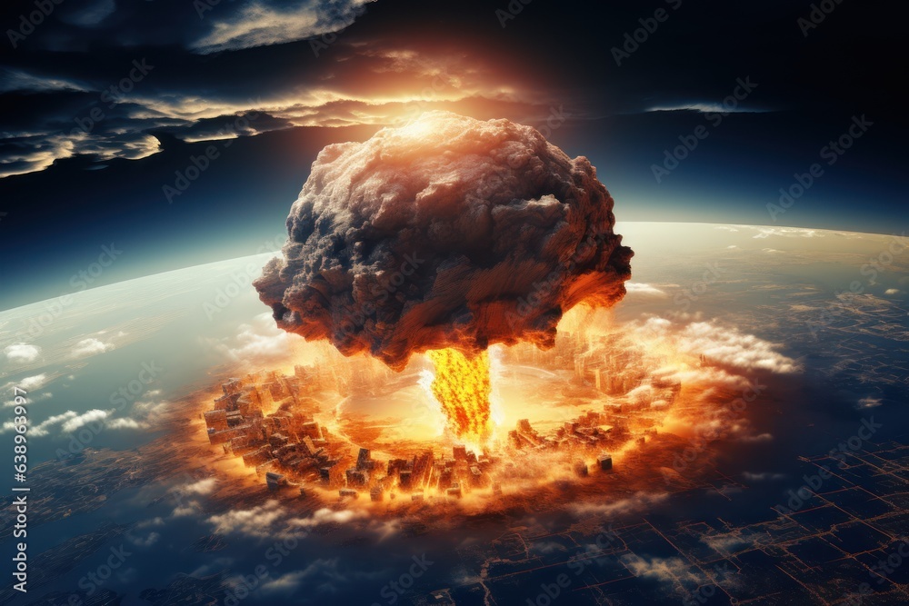 Nuclear war. Satellite view of the explosion of a huge nuclear bomb on the surface of the Earth ...