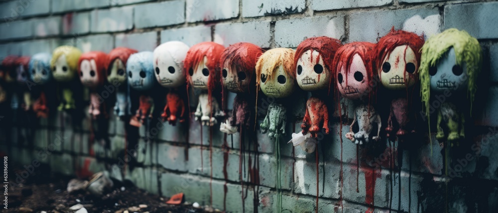Small zombie voodoo dolls on a urban brick wall, creepy and distressing ...