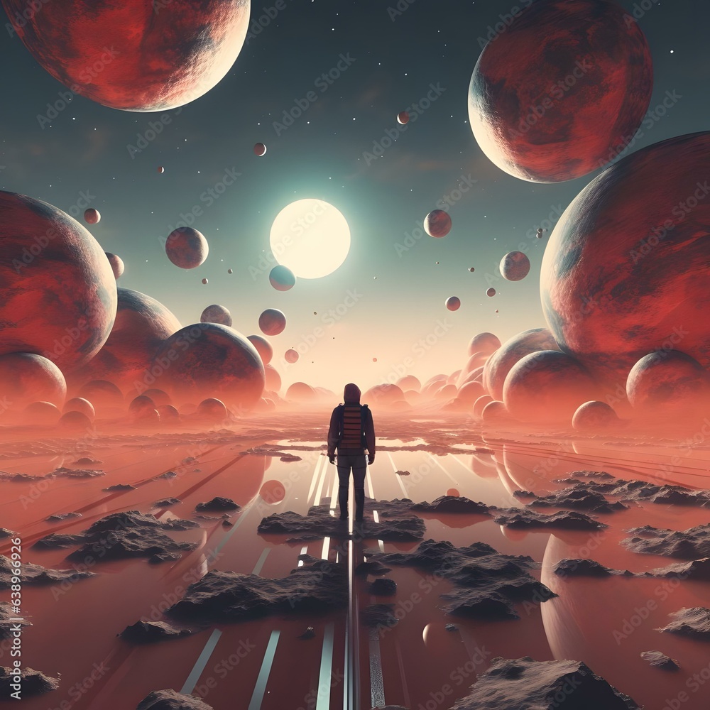 Explore a sci-fi concept of an astronaut standing on a massive rock ...