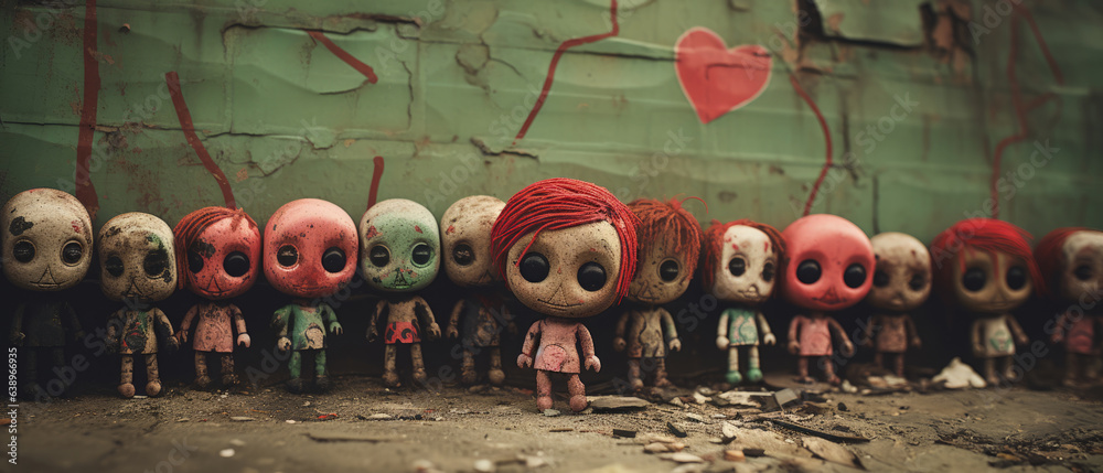 Small zombie voodoo dolls on a urban brick wall, creepy and distressing ...