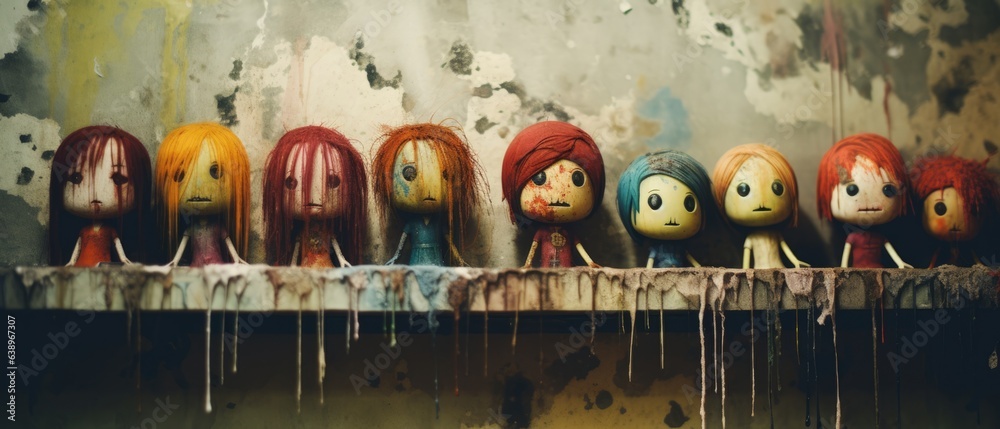 Small zombie voodoo dolls on a urban brick wall, creepy and distressing ...