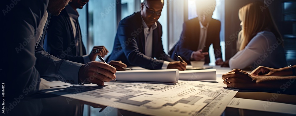 architect members of team preparing drawing and blueprints on table ...