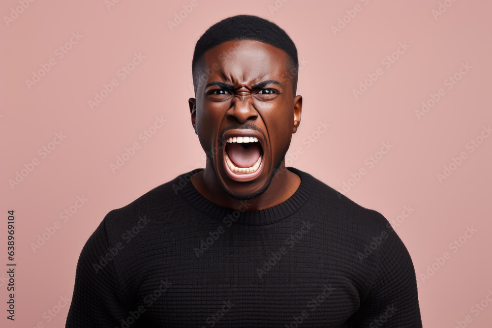 Anger African Man In Black Sweater On Pastel Background. Сoncept Anger ...