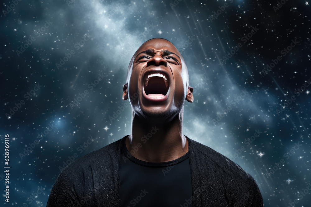 Anger African Man In Black Sweater On Galaxy Stars Background. Сoncept ...