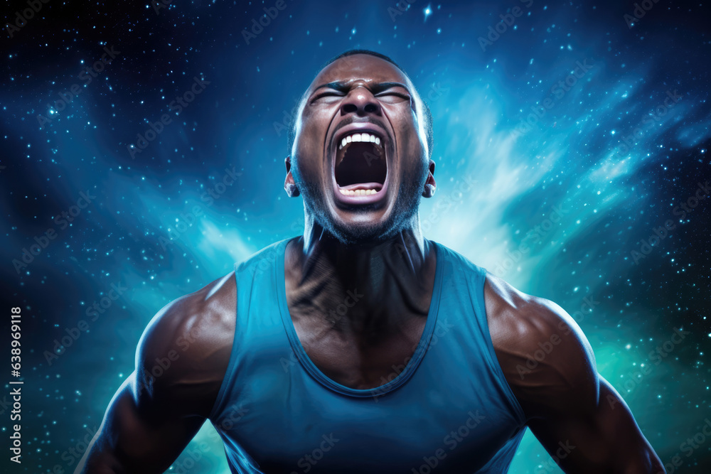 Anger African Man In Blue Tank Top On Galaxy Stars Background. Сoncept ...