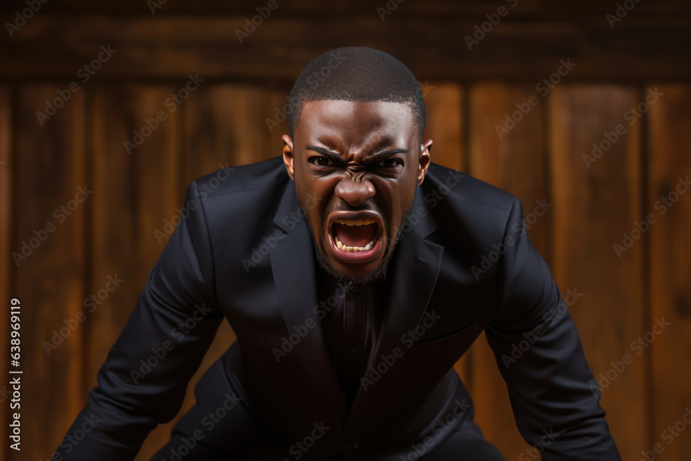 Anger African Man In Black Suit On Wooden Plank Background. Сoncept ...