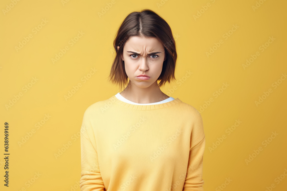 Anger European Girl In Yellow Cardigan On Pastel Background. Сoncept ...