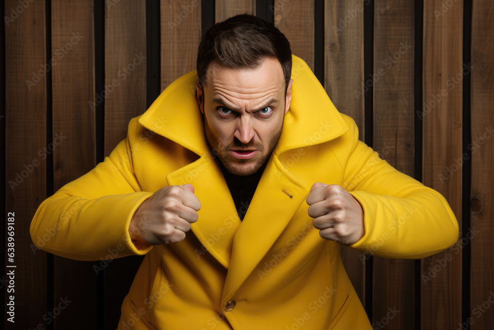 Anger European Man In Yellow Coat On Wooden Plank Background. Сoncept ...