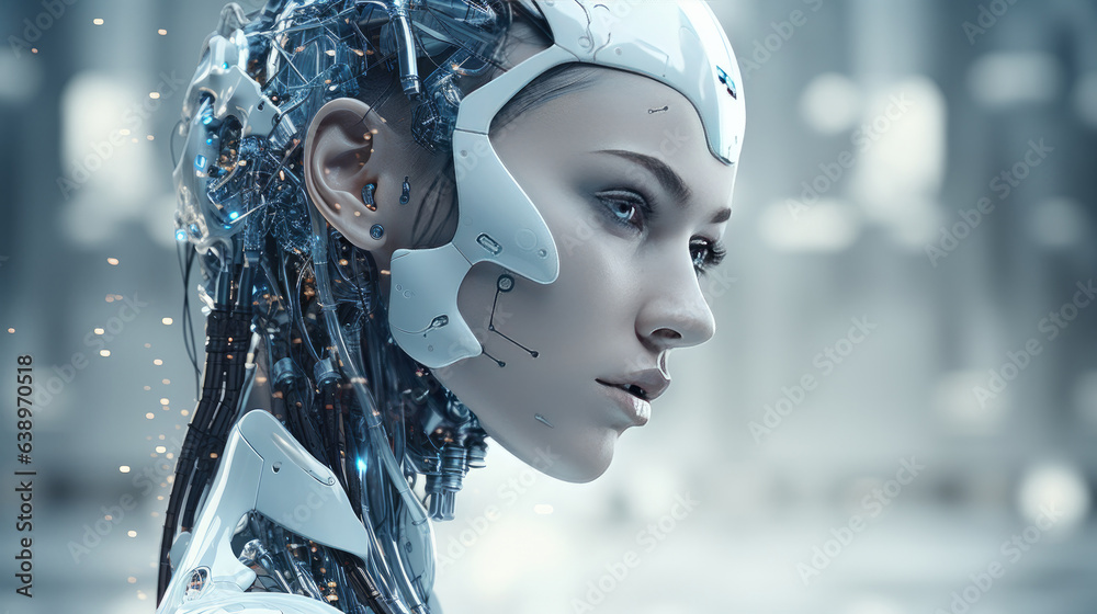A portrait of a cyborg with a female face, depicting the futuristic ...