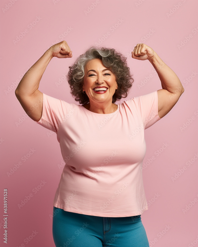 Portrait of a beautiful plus size senior woman smiling on a pastel ...