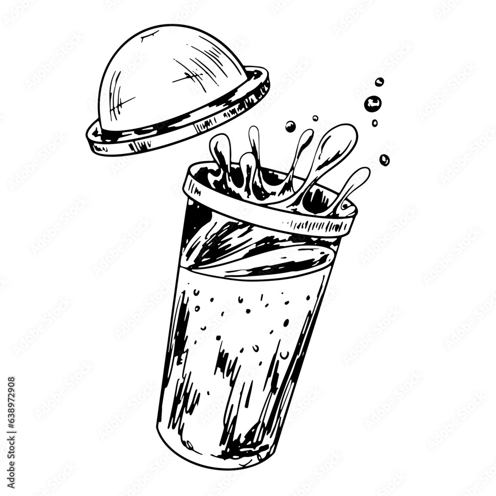 Black and white plastic glass with spilled drink isolated in white ...