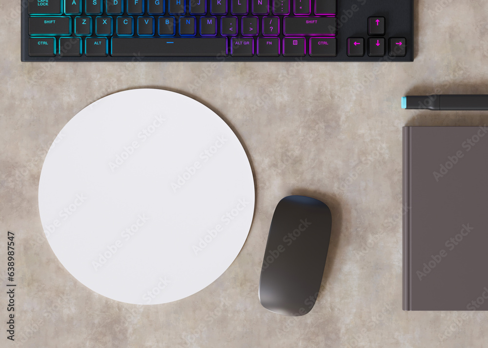 Blank and white, round computer mouse pad on the desk at home. Mousepad ...