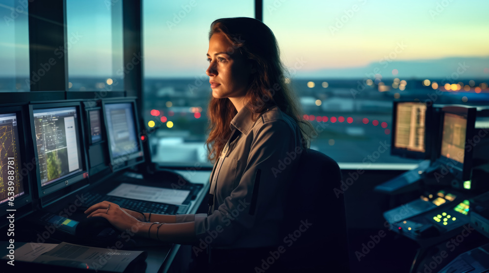Woman working as air traffic controller. Female sitting at airport ...