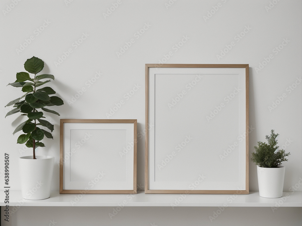 Two potted plants in front of a blank picture frame, white canvas ...