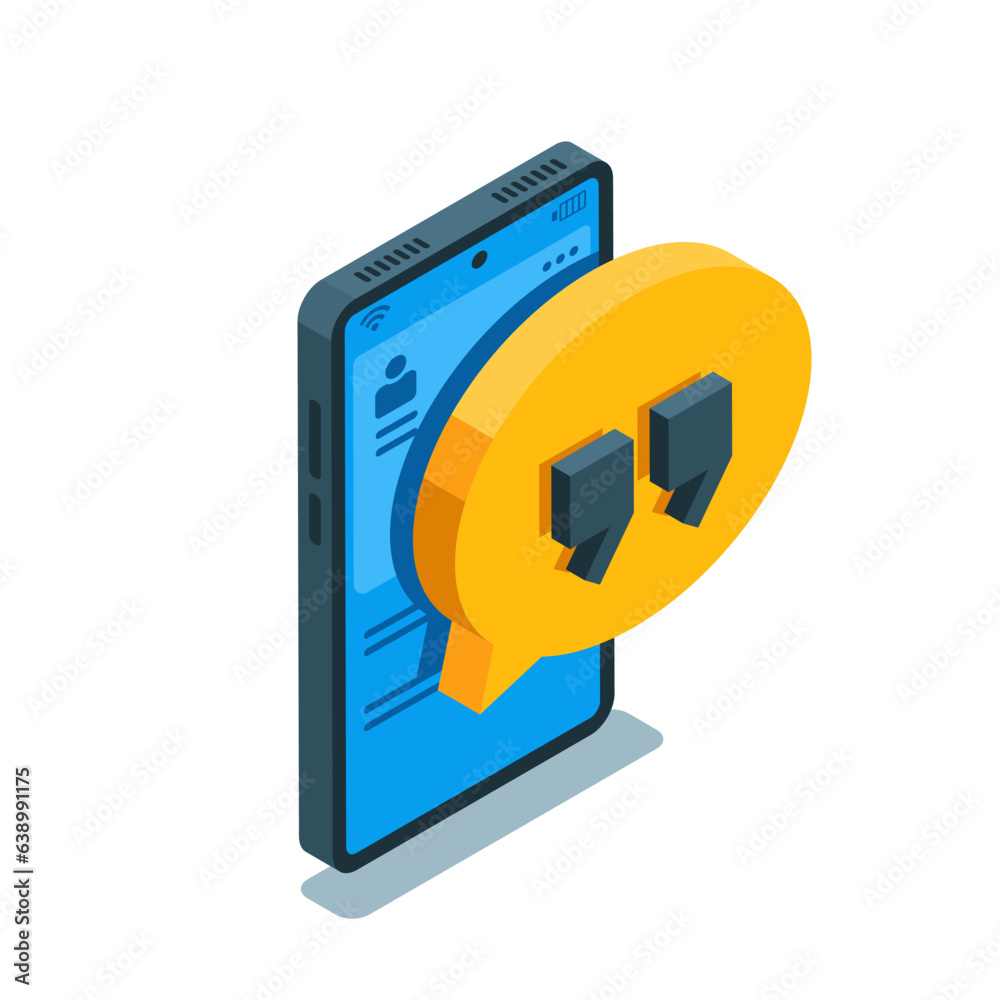 isometric text bubble icon with quotes on the screen of a smartphone in ...