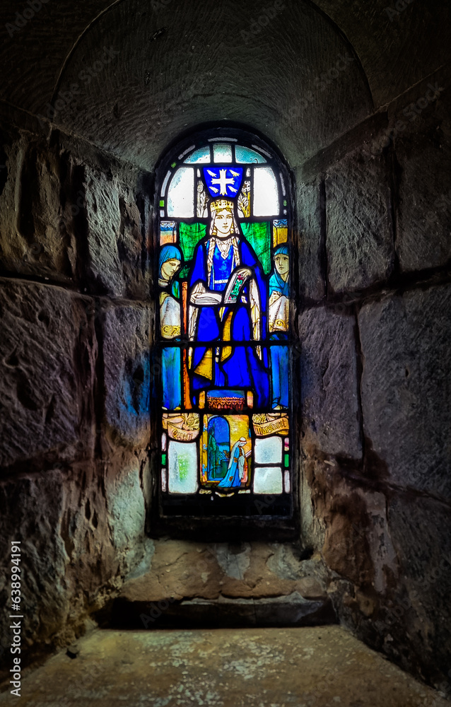 Stained glass window showing Saint Margaret of Scotland, from her ...